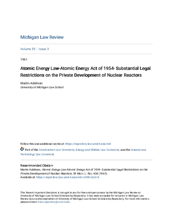 (PDF) Atomic Energy Law: Atomic Energy Act of 1954: Substantial Legal ...