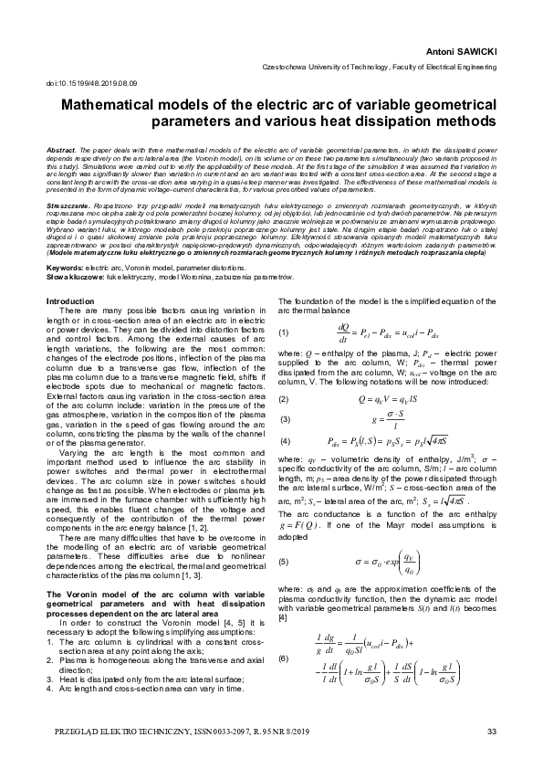 (PDF) Mathematical models of the electric arc of variable geometrical parameters and various ...