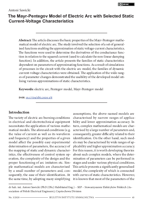 (PDF) The Mayr-Pentegov Model of Electric Arc with Selected Static ...