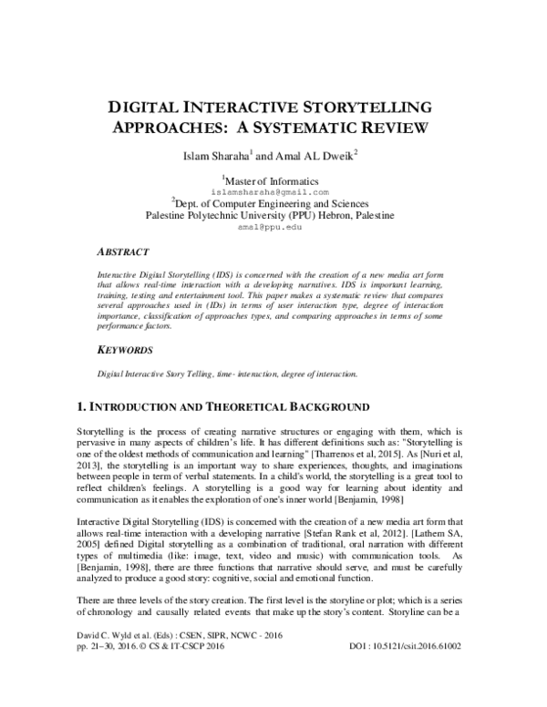 (PDF) Digital Interactive Storytelling Approaches : A Systematic Review