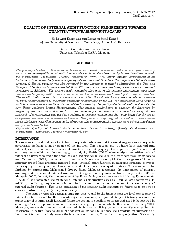 (PDF) Quality of internal audit function : progressing towards quantitative measurement scales ...