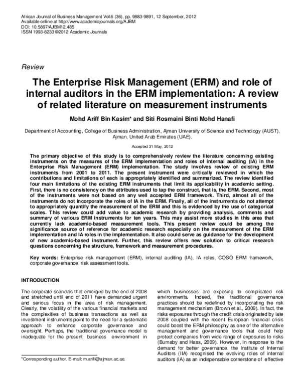 (PDF) The Enterprise Risk Management (ERM) and role of internal ...