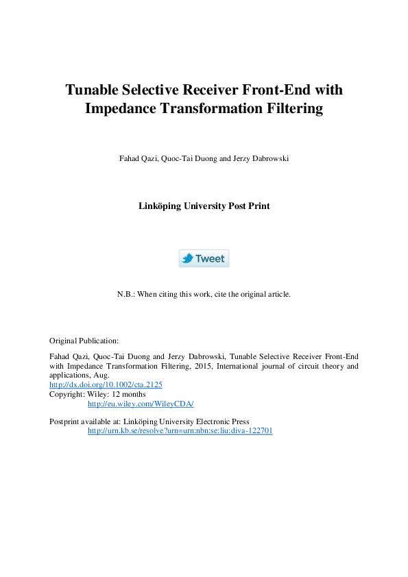 Pdf Tunable Selective Receiver Front End With Impedance Transformation Filtering