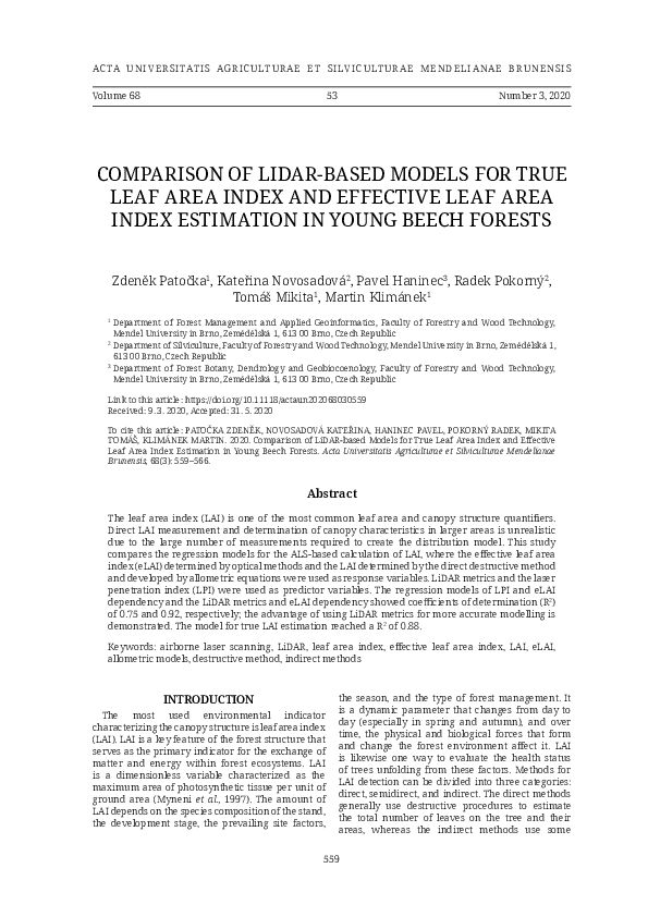 (PDF) Comparison of LiDAR-based Models for True Leaf Area Index and Effective Leaf Area Index ...