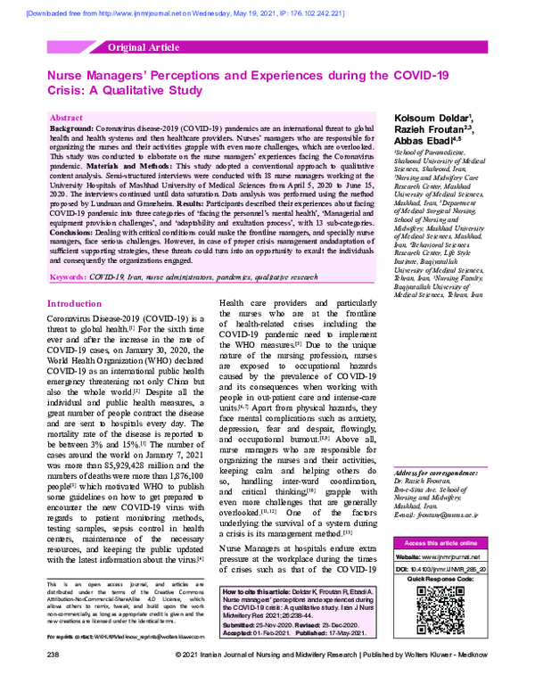 (PDF) Nurse managers' perceptions and experiences during the COVID-19 crisis: A qualitative study