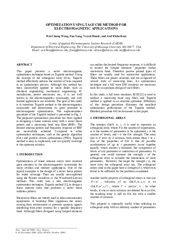 (PDF) Optimization using Taguchi method for electromagnetic applications