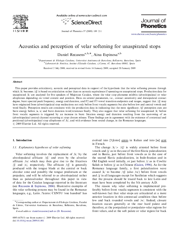 (PDF) Velar Softening in Unaspirated Stops: Articulation and Perception