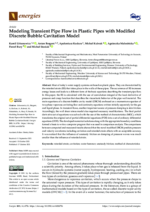 (PDF) Modeling Transient Pipe Flow in Plastic Pipes with Modified Discrete Bubble Cavitation ...