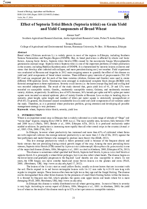 (PDF) Effect of Septoria Trtici Blotch (Septoria tritici) on Grain Yield and Yield Components of ...