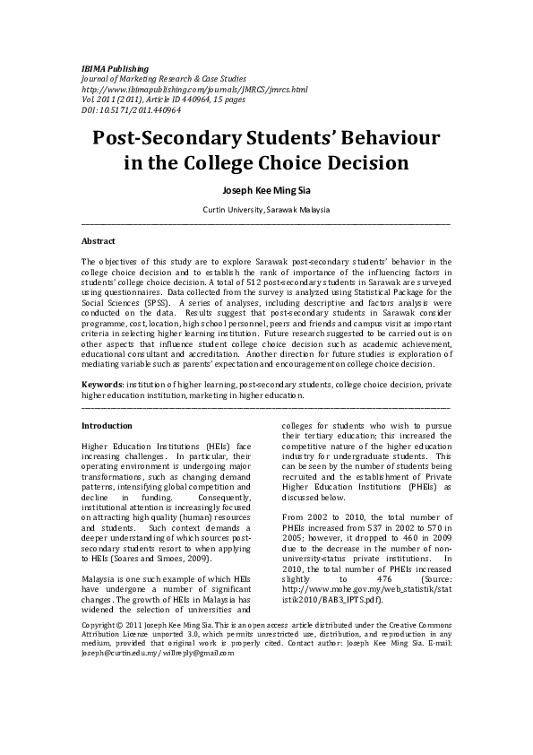 (PDF) Post-Secondary Students’ Behaviour in the College Choice Decision