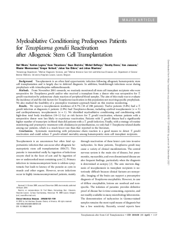 (PDF) Myeloablative Conditioning Predisposes Patients forToxoplasma ...