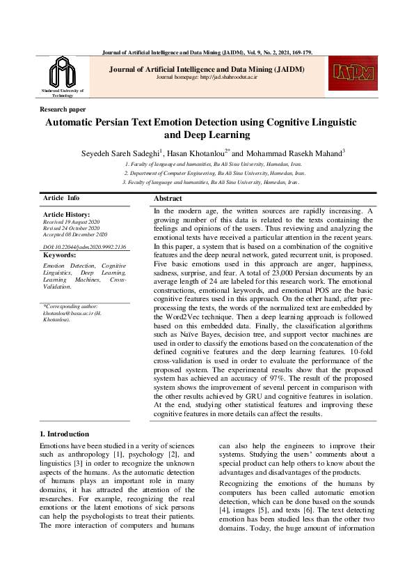 Pdf Automatic Persian Text Emotion Detection Using Cognitive Linguistic And Deep Learning