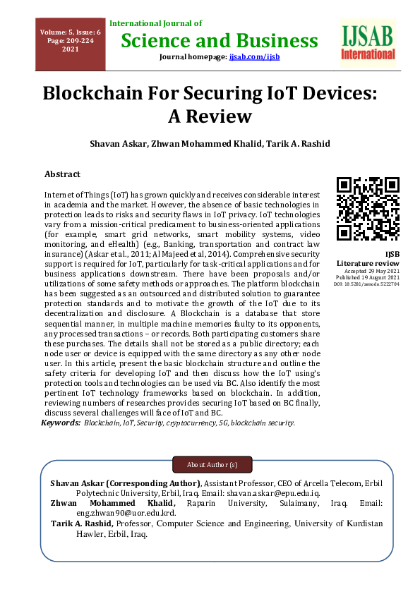(PDF) Blockchain For Securing IoT Devices: A Review