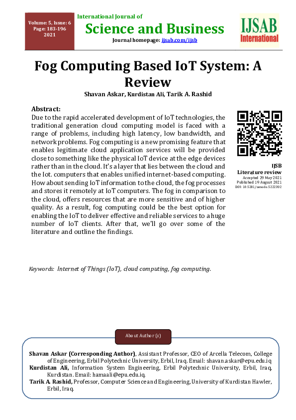 (PDF) Fog Computing Based IoT System: A Review