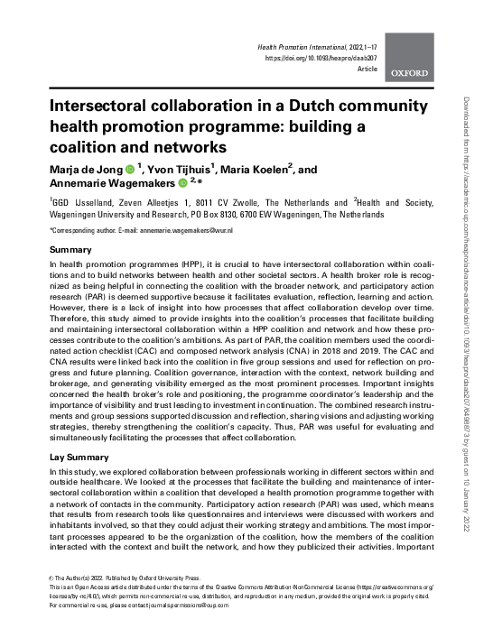 (PDF) Intersectoral collaboration in a Dutch community health promotion ...
