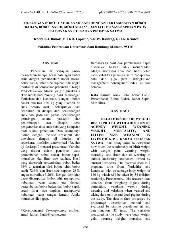 (PDF) Hubungan Bobot Lahir Anak Babi Dengan Pertambahan Bobot Badan ...