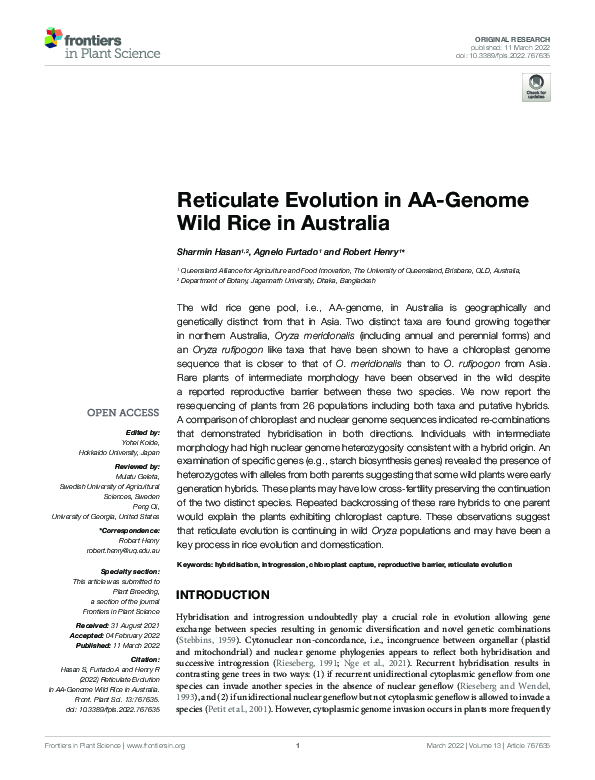 (PDF) Reticulate Evolution in AA-Genome Wild Rice in Australia