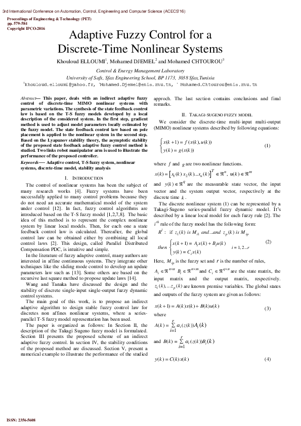 (PDF) Adaptive Fuzzy Control for a Discrete-Time Nonlinear Systems