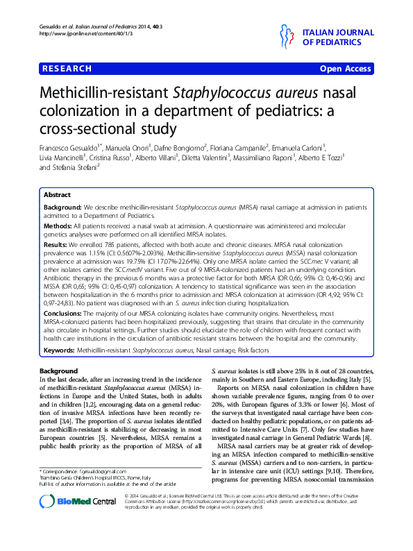 (PDF) Methicillin-resistant Staphylococcus aureus nasal colonization in a department of ...
