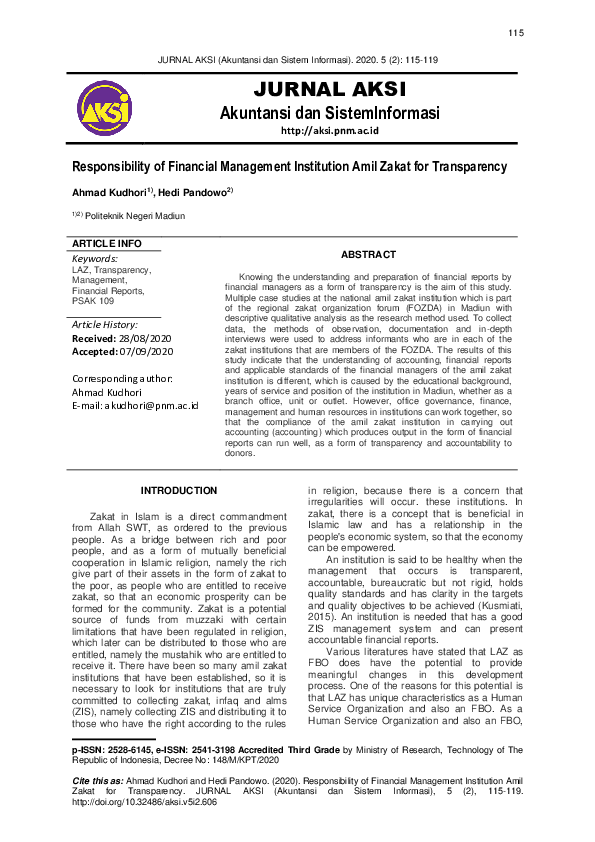 (PDF) Responsibility of Financial Management Institution Amil Zakat for