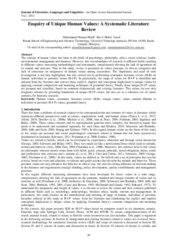 (PDF) Enquiry of Unique Human Values: A Systematic Literature Review