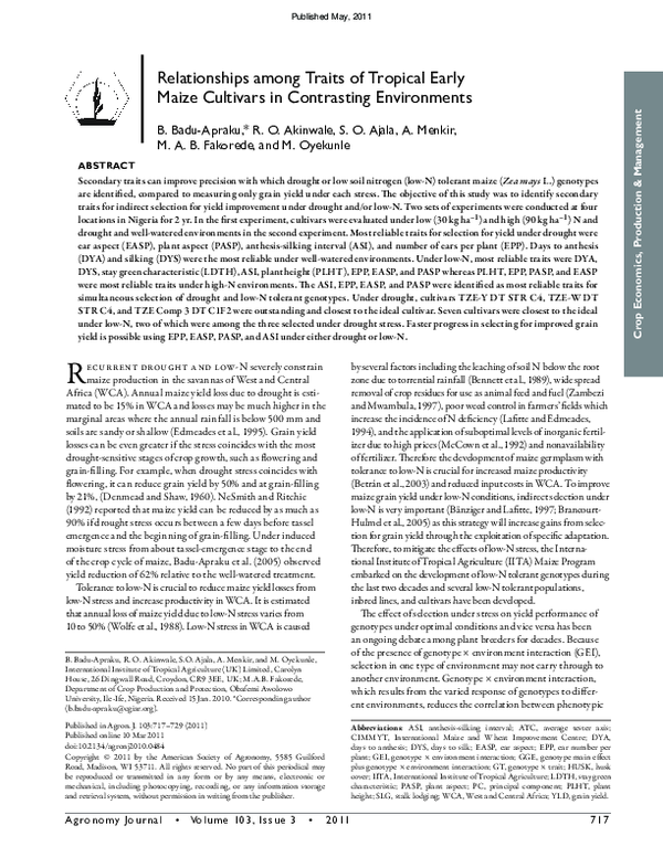 (PDF) Relationships among Traits of Tropical Early Maize Cultivars in ...