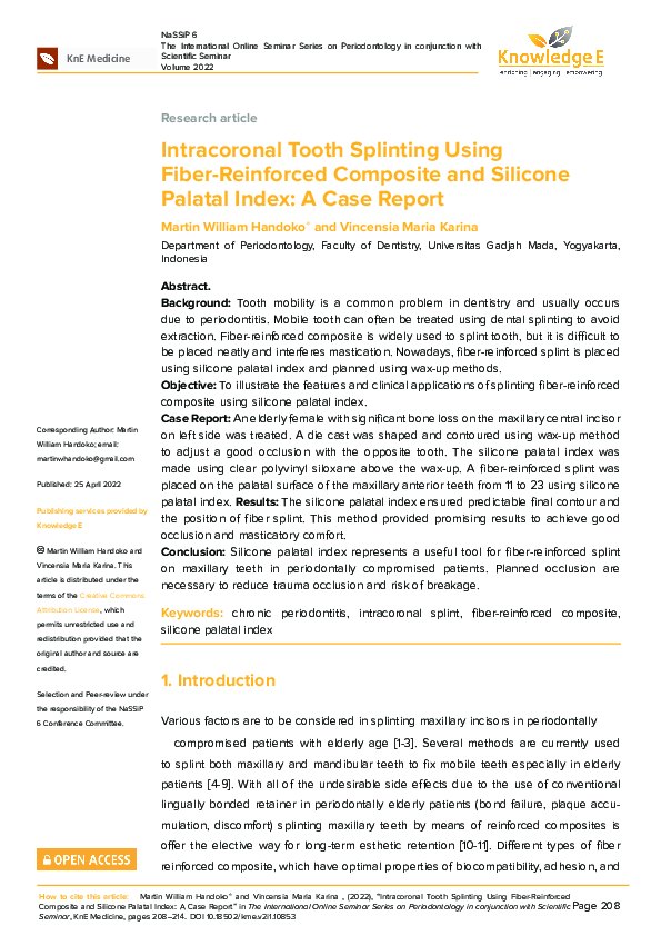 (PDF) Intracoronal Tooth Splinting Using Fiber-Reinforced Composite and ...