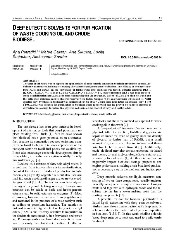 (PDF) Deep Eutectic Solvents for Purification of Waste Cooking Oil and ...