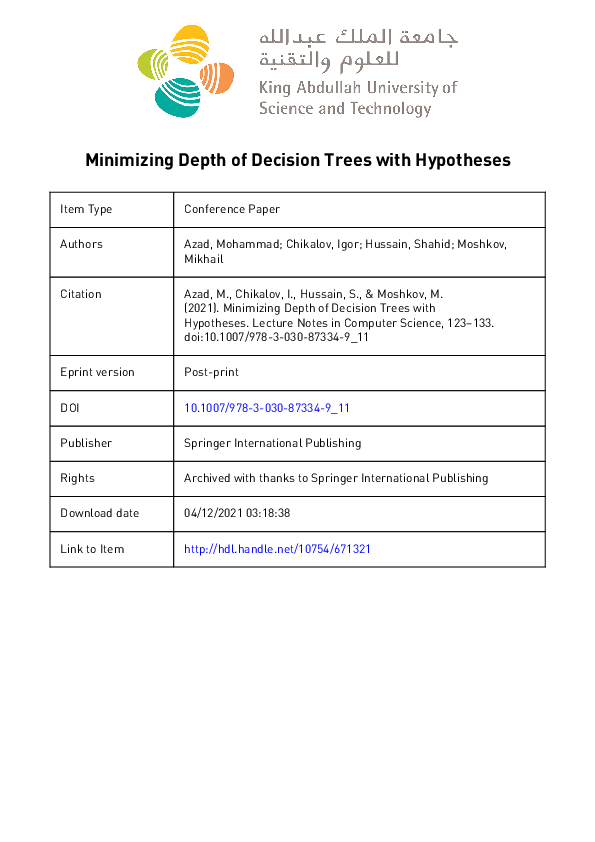 (PDF) Minimizing Depth of Decision Trees with Hypotheses