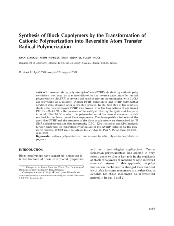 Pdf Synthesis Of Block Copolymers By The Transformation Of Cationic Polymerization Into