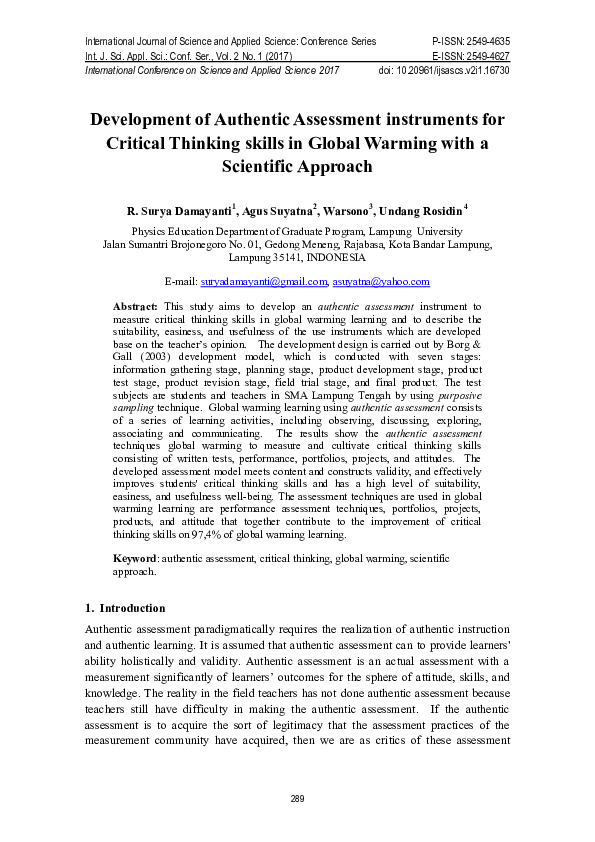(PDF) Development of Authentic Assessment instruments for Critical Thinking skills in Global ...