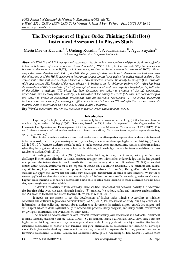 (PDF) The Development of Higher Order Thinking Skill (Hots) Instrument Assessment In Physics Study
