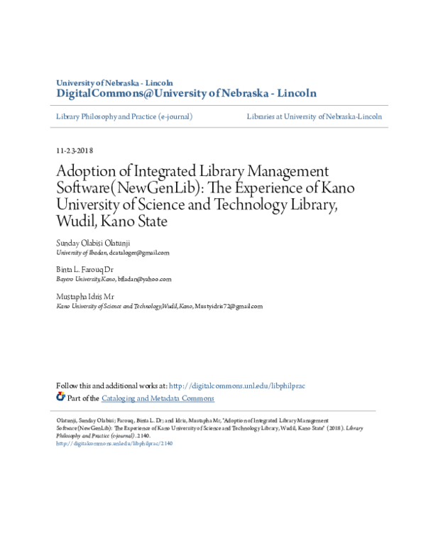(PDF) Adoption of Integrated Library Management Software(NewGenLib ...