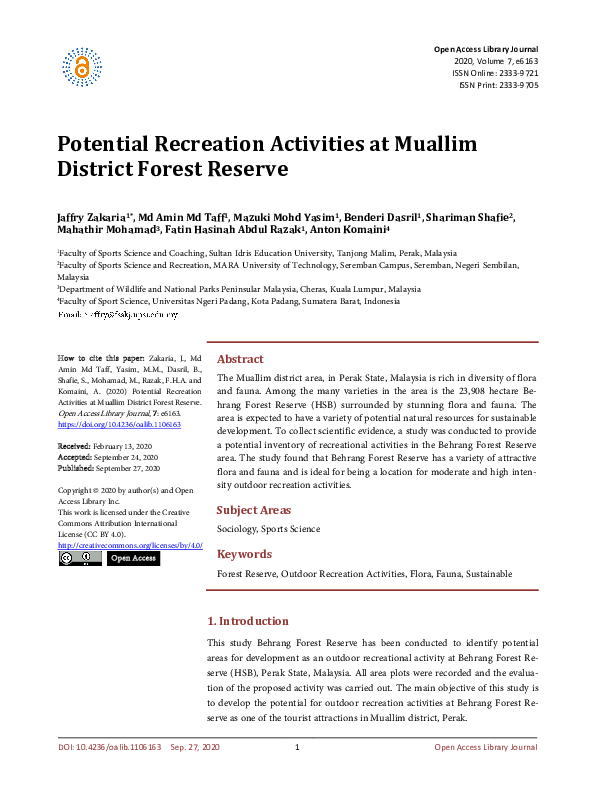 (PDF) Potential Recreation Activities at Muallim District Forest Reserve
