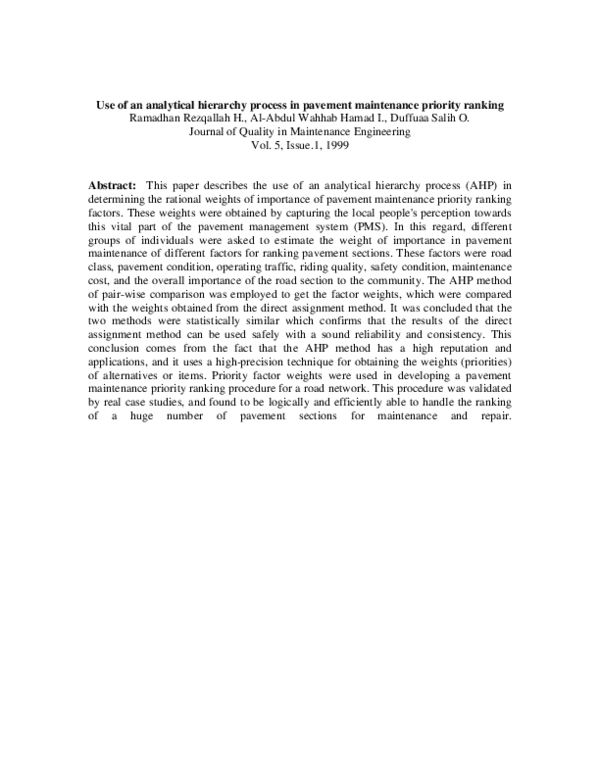 (PDF) The use of an analytical hierarchy process in pavement maintenance priority ranking