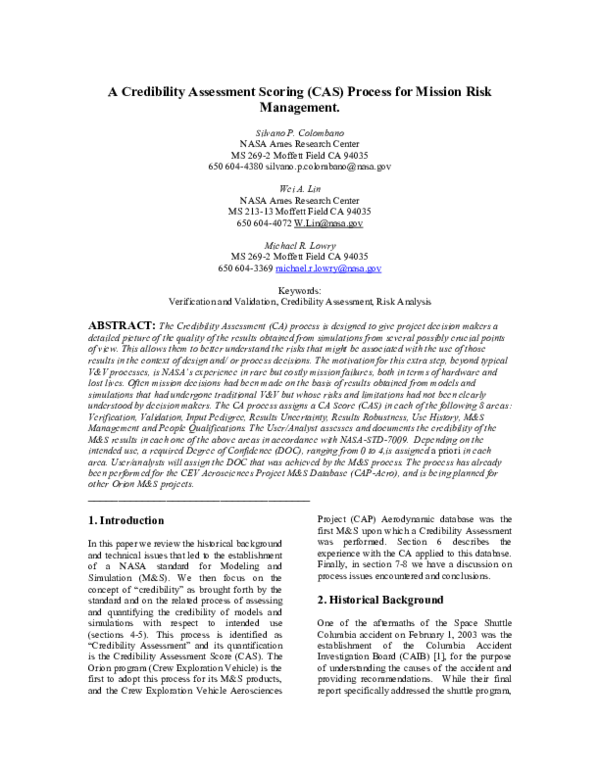 (PDF) A Credibility Assessment Scoring ( CAS ) Process for Mission Risk ...