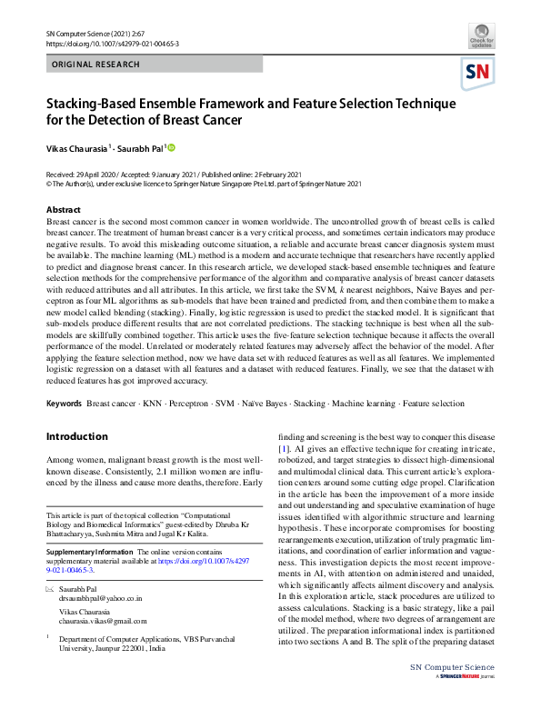 Pdf Stacking Based Ensemble Framework And Feature Selection Technique