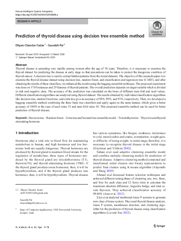 (PDF) Prediction of thyroid disease using decision tree ensemble method