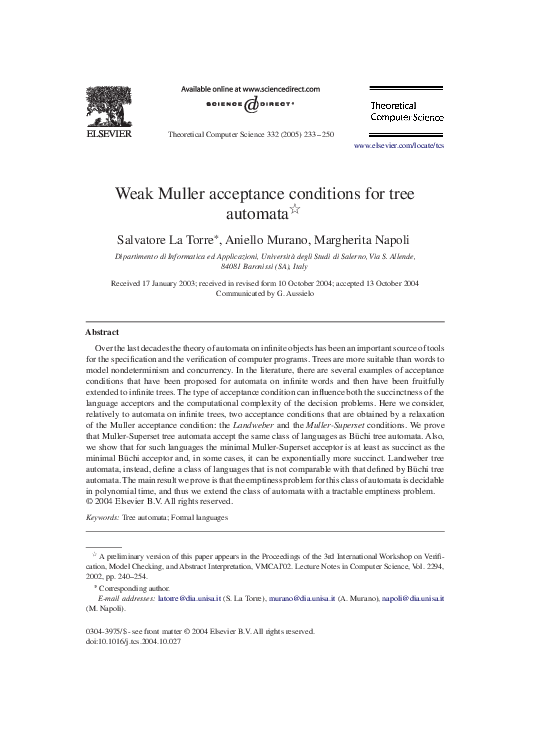 (PDF) Weak Muller acceptance conditions for tree automata | Aniello Murano - Academia.edu