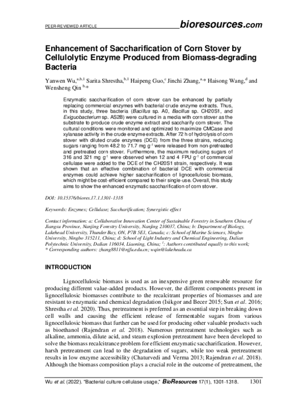 (PDF) Enhancement of saccharification of corn stover by cellulolytic enzyme produced from ...