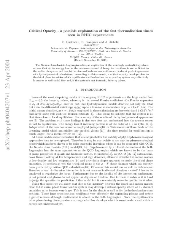 (PDF) Critical Opacity: A Possible Explanation of the Fast ...