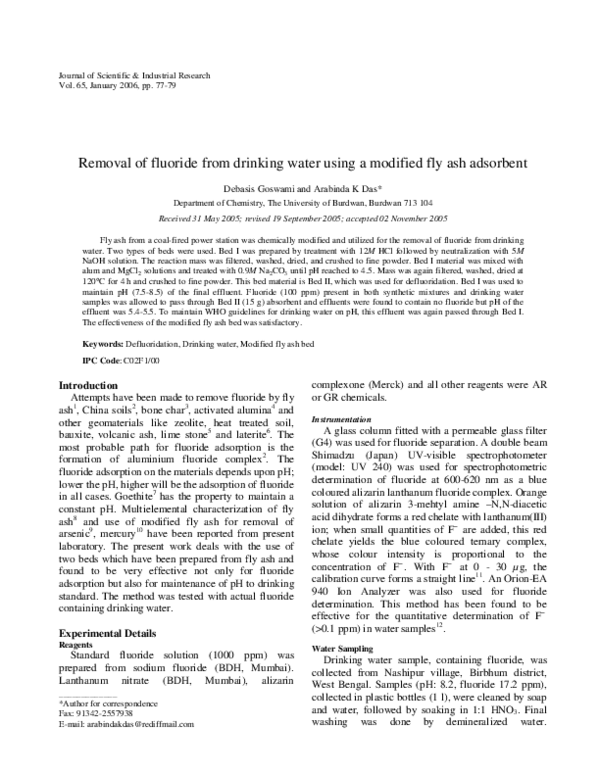 (PDF) Removal of fluoride from drinking water using a modified fly ash ...