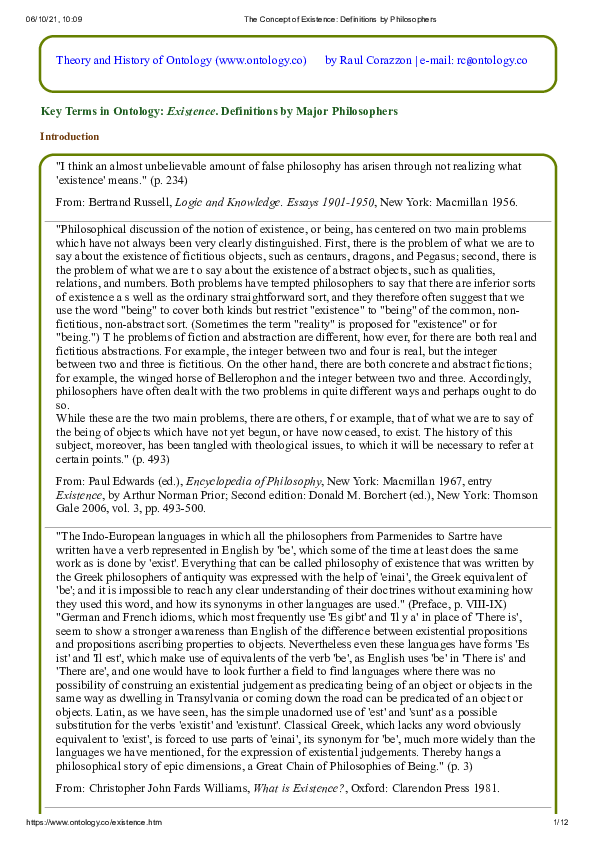 (PDF) The Concept of Existence: Definitions by Philosophers