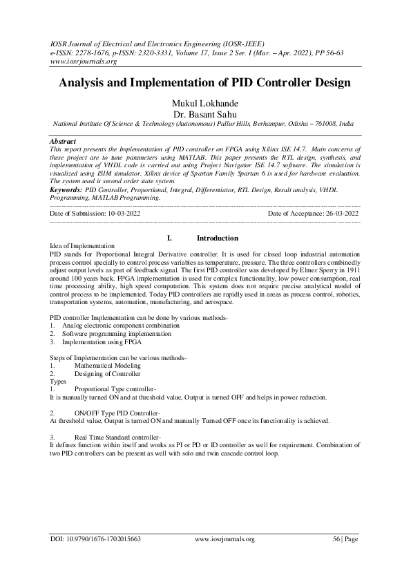 (PDF) Analysis and Implementation of PID Controller Design