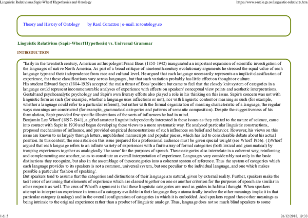 (PDF) Linguistic Relativism (Sapir-Whorf Hypothesis) and Ontology