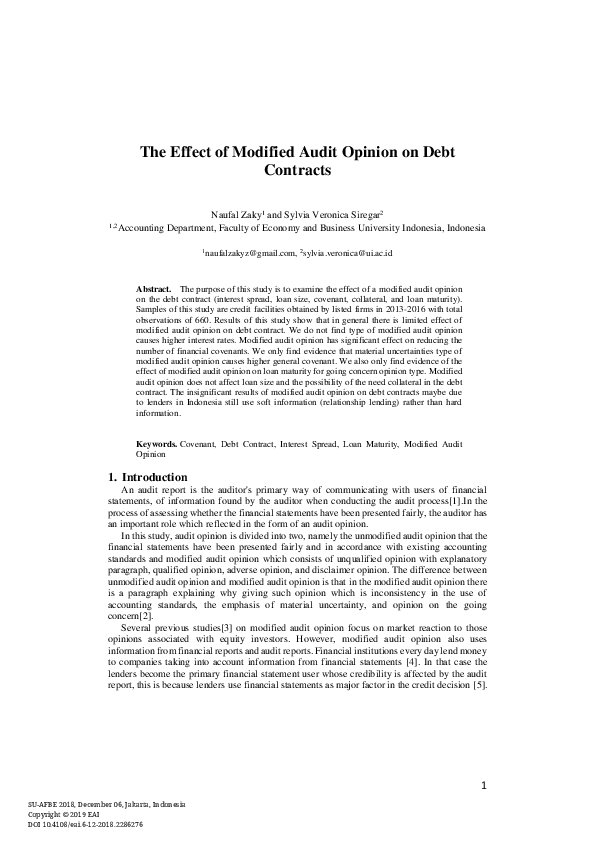 (PDF) The Effect of Modified Audit Opinion on Debt Contracts