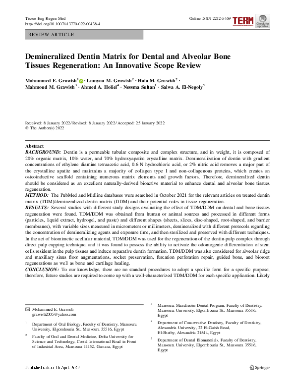 (PDF) Demineralized Dentin Matrix for Dental and Alveolar Bone Tissues Regeneration: An ...