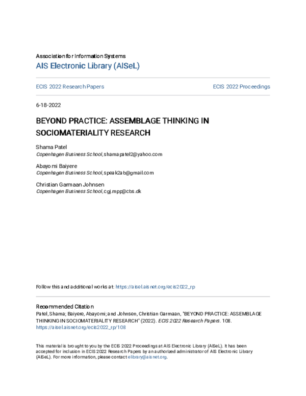 (PDF) BEYOND PRACTICE: ASSEMBLAGE THINKING IN SOCIOMATERIALITY RESEARCH Research Paper