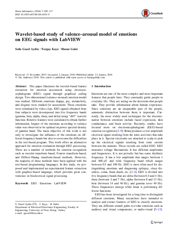 (PDF) Wavelet-based study of valence–arousal model of emotions on EEG ...