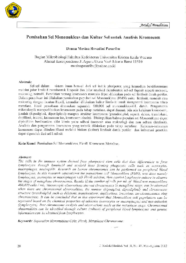 (PDF) Pemisahan Sel Mononukleus dan Kultur Sel untuk Analisis Kromosom